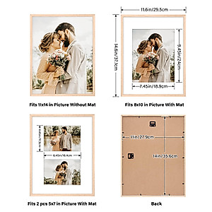 ATOBART 11x14 Picture Frame, OAK Wood Photo Frame 8x10 with Mat or 5x7 with 2 Mat with Perspex Glass for Vertical or Horizontal Tabletop Wall Display for Photo, Painting, Poster, Set of 2