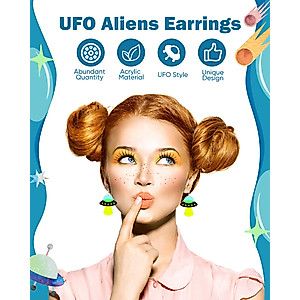 Yinkin 10 Pairs UFO Aliens Earrings for Women Space Weird Acrylic Earrings Flying Saucer Dangle Earrings Novelty Fun Glitter Cute Earrings Jewelry for Women, Multiple Colors