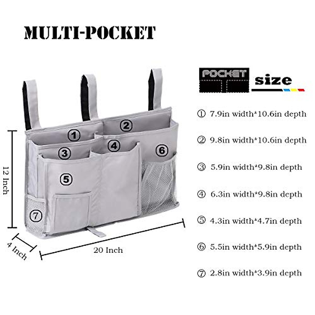 FUNYU Bedside Caddy, Bunk Bed Hanging Under Bed Storage Organizer Bag with 8 Pockets for College Dorm Rooms Essentials, Hospital Bed Rails,Camp