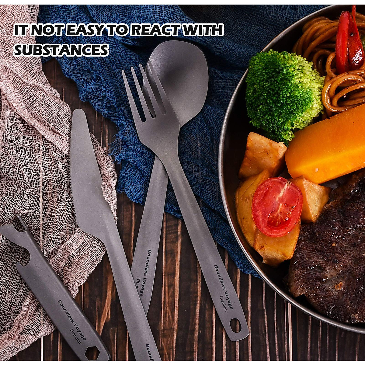 iBasingo Titanium Knife Fork Spoon Bottler Opener Tableware Set 4 in 1 Storage Design Protable Lightweight Cutlery for Outdoor Camping Kitchen CJ-Ti1066T