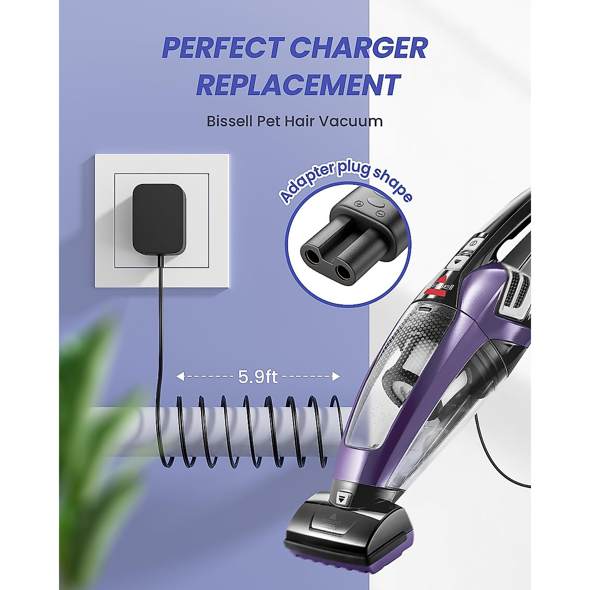 Replacement for Bissell Pet Hair Eraser Charger, Power Cord Compatible with Bissell 2390 2390A 23903 2284W 2284 14.4V Lithium Ion Cordless Handheld Vacuum 1614206 Adapter