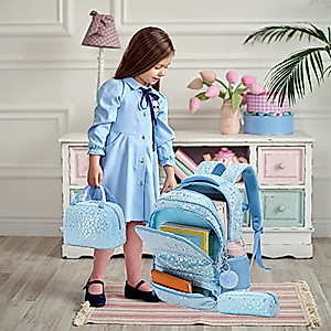 Kids Backpack Set for Girls, 3PCS Cute Soft Plush School Bookbag with Lunch Box Pencil Case Large Capacity Blue Kids Bag for Toddler Preschool Kindergarten Elementary Girls