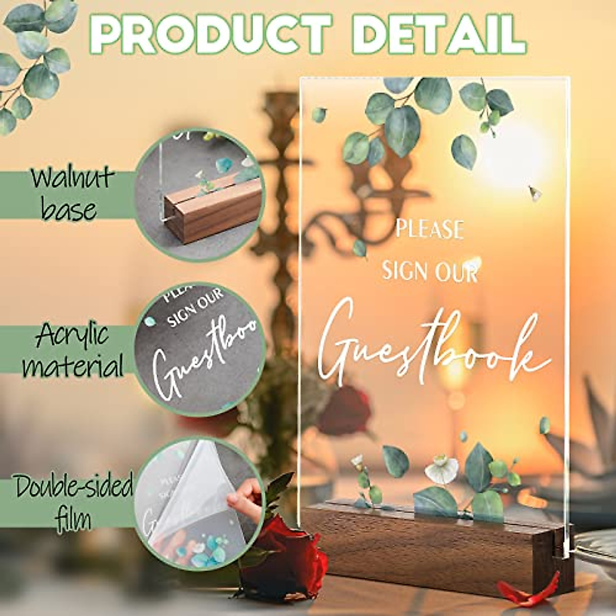 4 Pcs Acrylic Wedding Reception Signs with Wood Stand Clear Gifts and Cards Sign with Holder Please Sign Our Guestbook 5 x 7 Inch Rustic Calligraphy Wedding Sign for Wedding Ceremony Reception(Leaves)