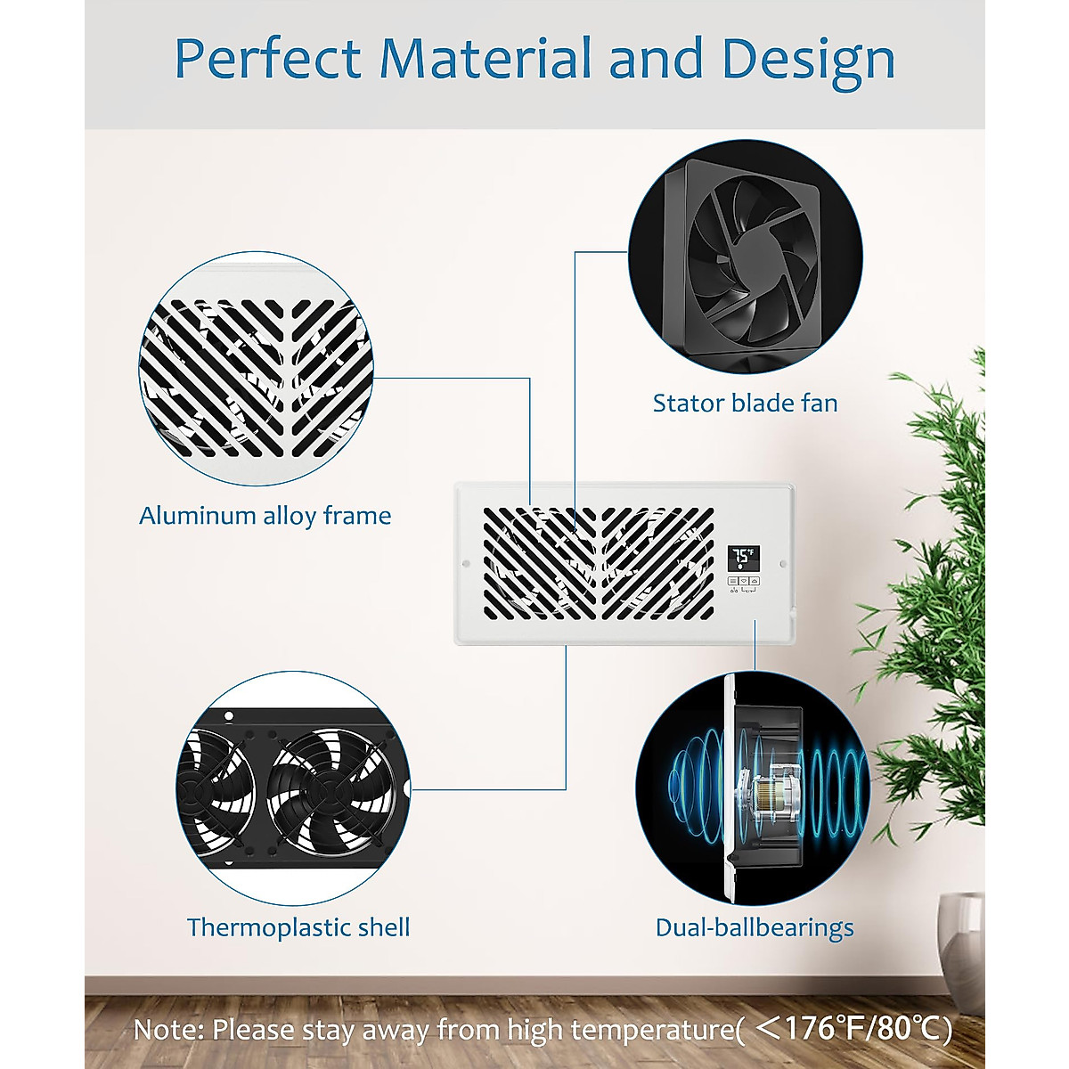 Abida 4" x 10" Register Booster Fan with Thermostat Control, Quiet Smart Register Vent with 10 Gear Wind Speed, Aluminum Frame Heating Cooling AC Vent (White, With Remote)