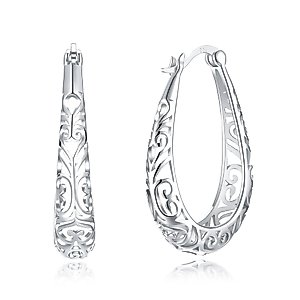 NewZenro Vintage Filigree 925 Sterling Silver Small Hoop Earrings for Women Girls Fashion Oval Hollow-out Texture Flower Dainty Huggie Hoops Hypoallergenic Pierced Jewelry Gifts