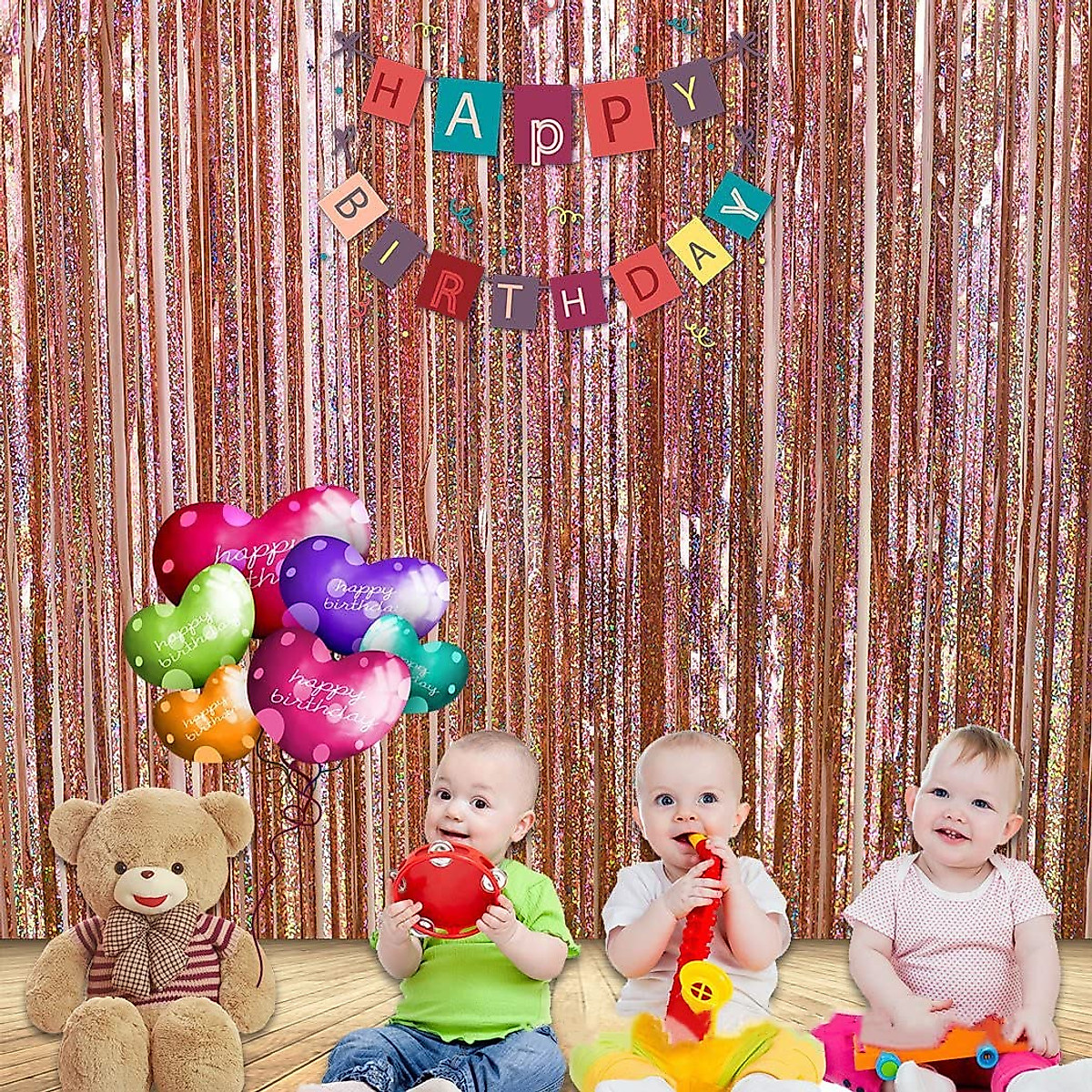 Vanujoy 2 Pack Iridescent Rose Gold Tinsel Foil Fringe Backdrop Curtains - Wall Door Party Decorations for Birthday Bachelorette Engagement Bridal Shower