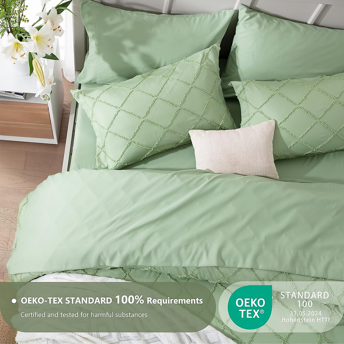 Gotroolhome Sage Green Queen Comforter Set - 7 Pieces ，Boho Tufted Shabby Chic Bedding Comforter Set, Bed in a Bag for All Seasons, with Comforter, Sheets, Pillowcases & Shams