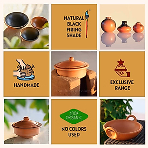 SWADESHI BLESSINGS Exclusive Range Unglazed Clay Tawa With Handle/Mitti Ke Bartan/Mud Tawa For Roti, Chappati, Paranthas/Earthen Indian Bread Maker + FREE ASH For Cleaning (9 Inches)