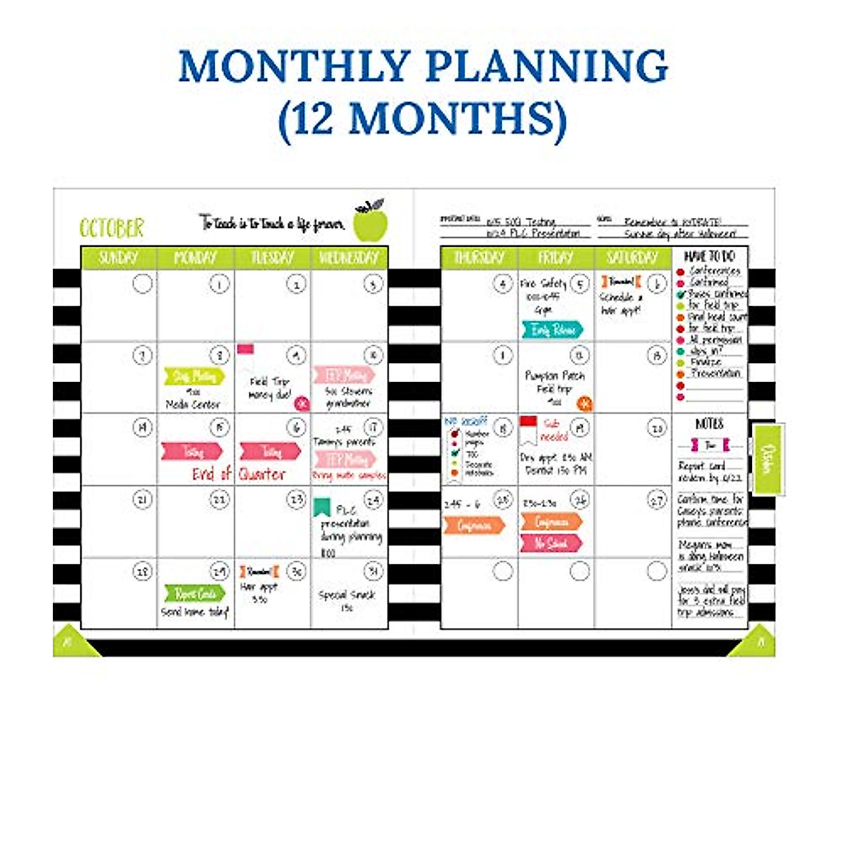 Schoolgirl Style Black, White & Stylish Brights Teacher Planner, 8" x 11" Undated Daily Planner, Weekly Planner, Monthly Planner With Planner Stickers for Classroom Organization & Teacher Organization