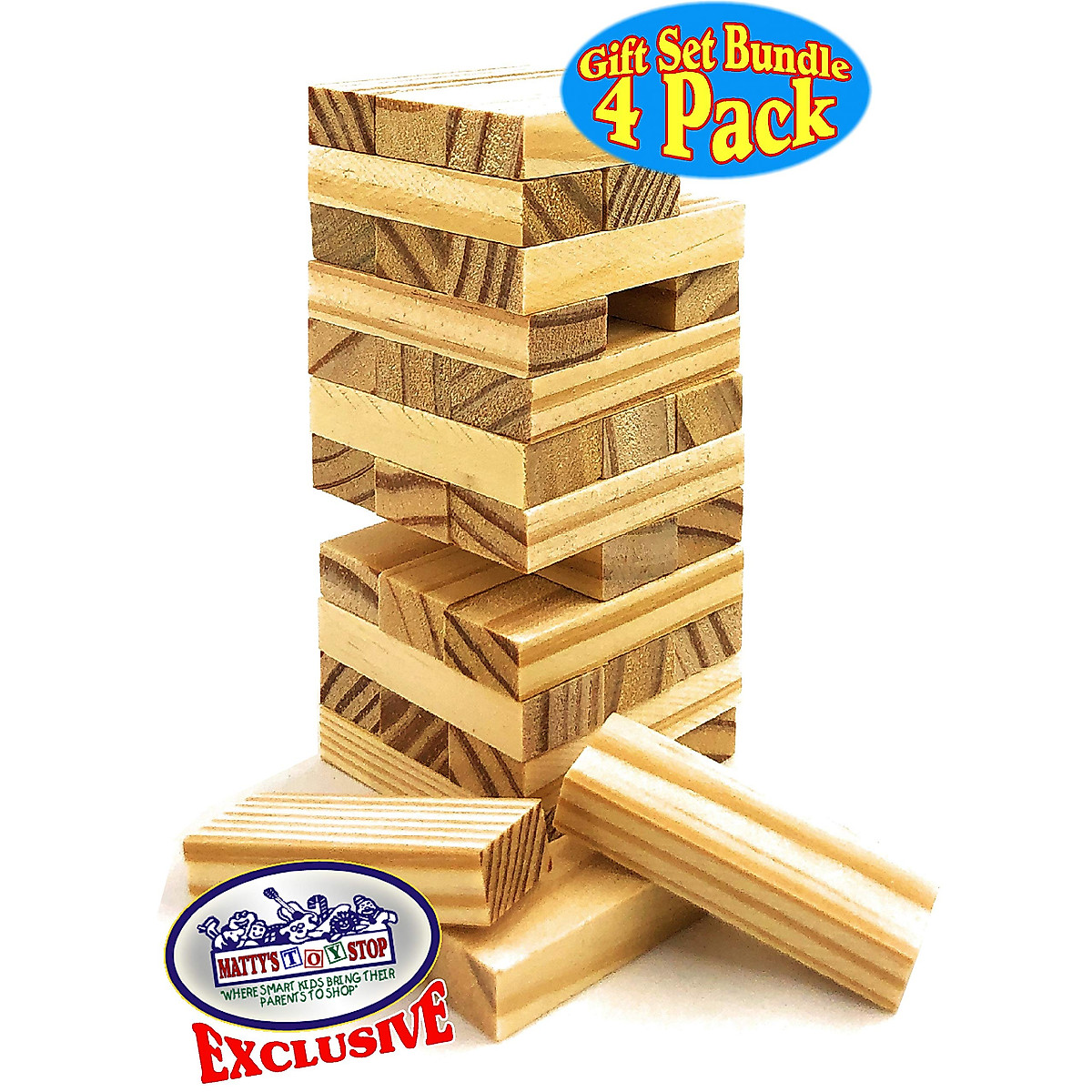 Matty's Toy Stop Mini Wooden Tower 36 Piece Stacking Game (4.25") Gift Set Party Favor Bundle - 4 Pack
