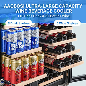 AAOBOSI 30 Inch Wine and Beverage Cooler, 31 Bottles & 110 Cans Wine Fridge, Glass Door Dual Zone Wine Refrigerator Freestanding and Built-in, Digital Temperature Control, Blue LED Display Light