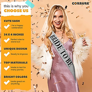 CORRURE 'Bride to Be' Sash for Bachelorette Party - Bridal Shower Silver Glitter Sash with Black Foil Lettering - Hen Party Decorations Supplies Accessories, Wedding Engagement Party Favors Gift