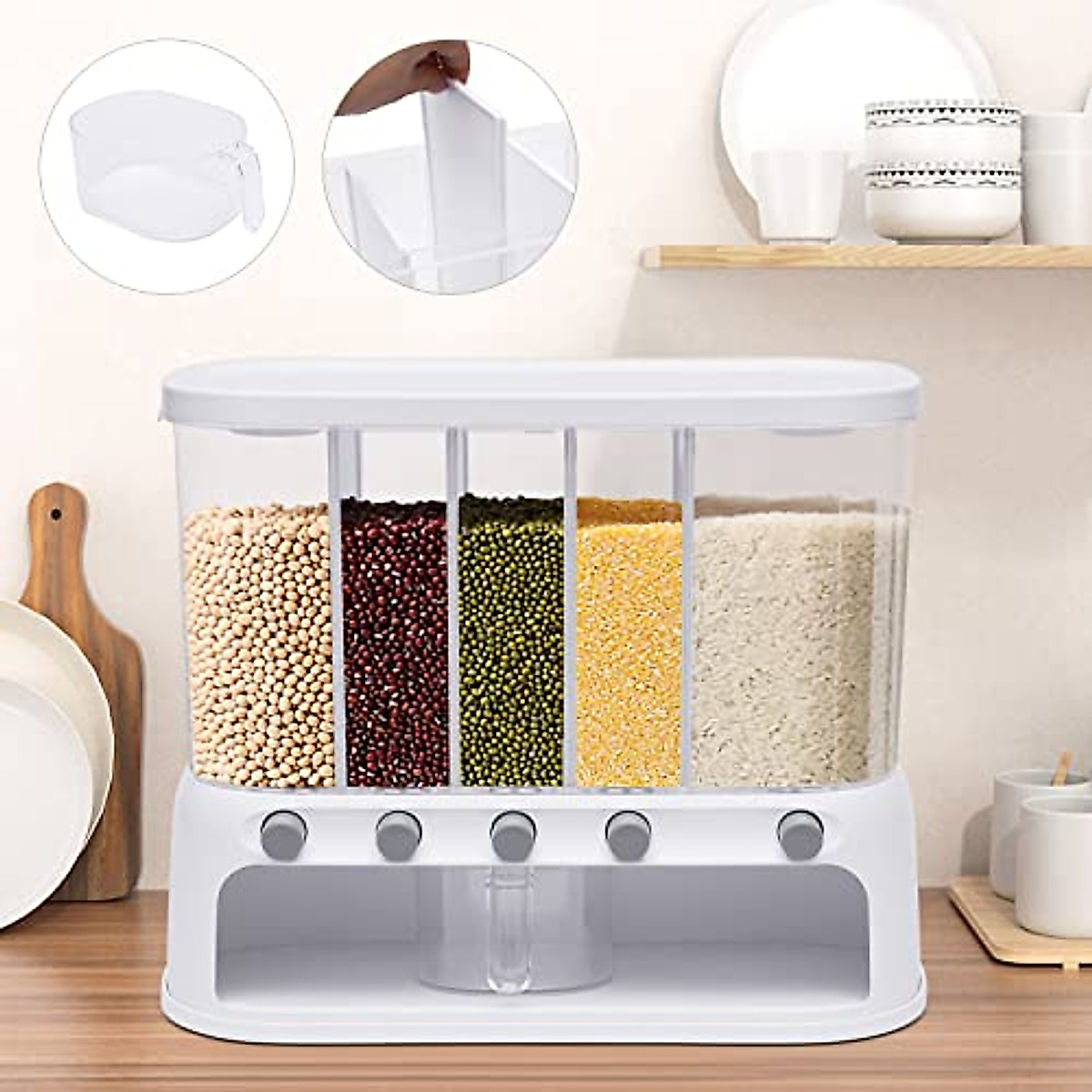 5-Grid Rice Dispenser, Dry Food Grain Dispense Wall Mounted Rice Container Kitchen Rice Storage Box Rice and Grain Storage Container Pantry Organization and Storage Suitable for Rice, Millet