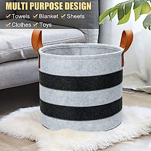 Round Storage Basket Medium Bin Towels Blanket Basket Foldable Laundry Baskets with PU Handles Felt Fabric Bins for Home, Living Room, Bathroom