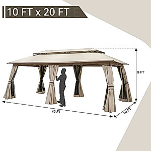 Joyside 10x20 ft Outdoor Gazebo, Double-Tier Roof Gazebo Tent with Curtains and Nettings, Patio Spacious Carport Gazebo with Metal Steel Frame Suitable for Lawn, Backyard Patio, Beige