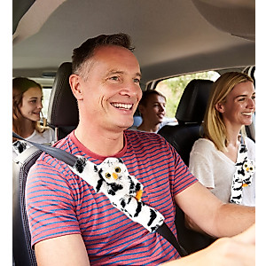 DolliBu White Owl Plush Car Seatbelt Cover - Soft Fluffy Cushion Support for Safety Seat Belt Strap Cover, Decorative Wild Life Stuffed Animal Padded Toy, Cute Vehicle Accessory for Kids & Adults