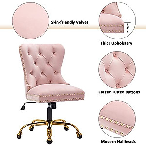QUINJAY Velvet Home Office, Upholstered Adjustable Swivel desk chair with Gold Base, Tufted Study with Comfy High Back for Teens Study Makeup Pink