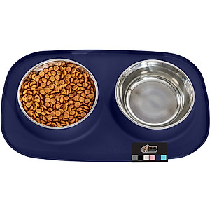 GORILLA GRIP 100% Waterproof BPA Free Cat and Dog Bowls Silicone Feeding Mat Set, Stainless Steel Bowl Slip Resistant Raised Edges, Catch Water, Food Mess, No Spills, Pet Accessories, 1 Cup, Navy