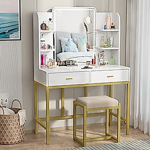 AOUSTHOP Vanity Set with Lighted Mirror, Makeup Vanity Dressing Table with LED Lights, Storage Shelves, Cushioned Stool & 2 Drawers, Dresser Desk for Bedroom, Gold-White