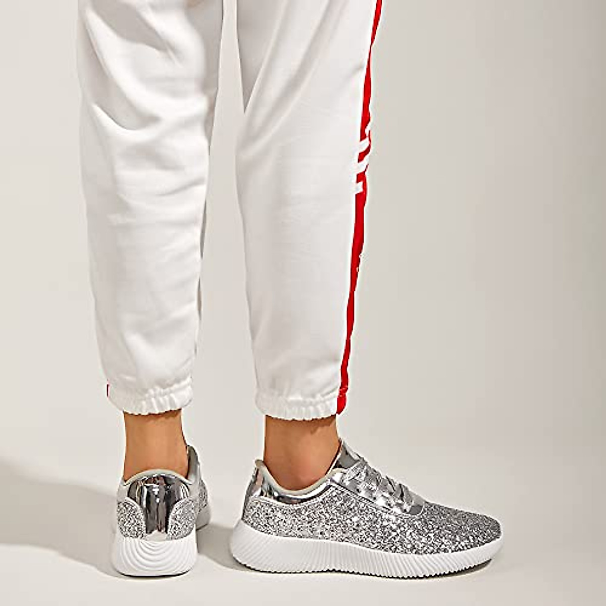 BELOS Women's Glitter Shoes Sparkly Lightweight Metallic Sequins Tennis Shoes(8.5B(M) US, Silver)