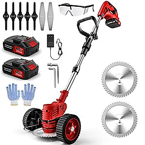 Electric Cordless Weed Wacker, 3-in-1 Grass Trimmer Brush Cutter, Lightweight Push Lawn Mower Edger Tool with 3 Types Blades and 2Pcs 2Ah Rechargeable Battery Powered for Garden Yard