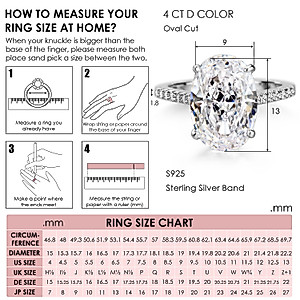 Michooyel Oval Cut 4ct Engagement Ring Sterling Silver Cubic Zirconia Rhodium Plated Solitaire Women‘s Ring Wedding Ring Promise Ring Wedding Band