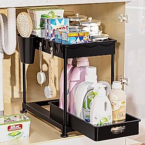 NUTSAAKK 2 Tier Under Sink Organizers and Storage, Upgraded Bathroom Organizer Under Sink, Kitchen Cabinet Organizer with Sliding Drawer, Kitchen Sink Organizer Black,for Women, Mothers Day