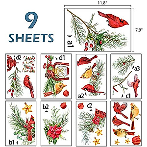 Mfault Winter Cardinals Window Clings 9 Sheets, Christmas Red Birds Glass Stickers Decal Poinsettia Pine Cone Bedroom Decorations, Xmas Kerosene Lamp Tree Branches Home Kitchen Living Room Decor