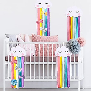 Whaline Rainbow Hair Bow Holder Hanging Hair Clip Organizer Hairpins Hanger Wood Cloud Rainbow Tassel Hair Accessories Storage Wall Hanger for Girl Women Room Decoration