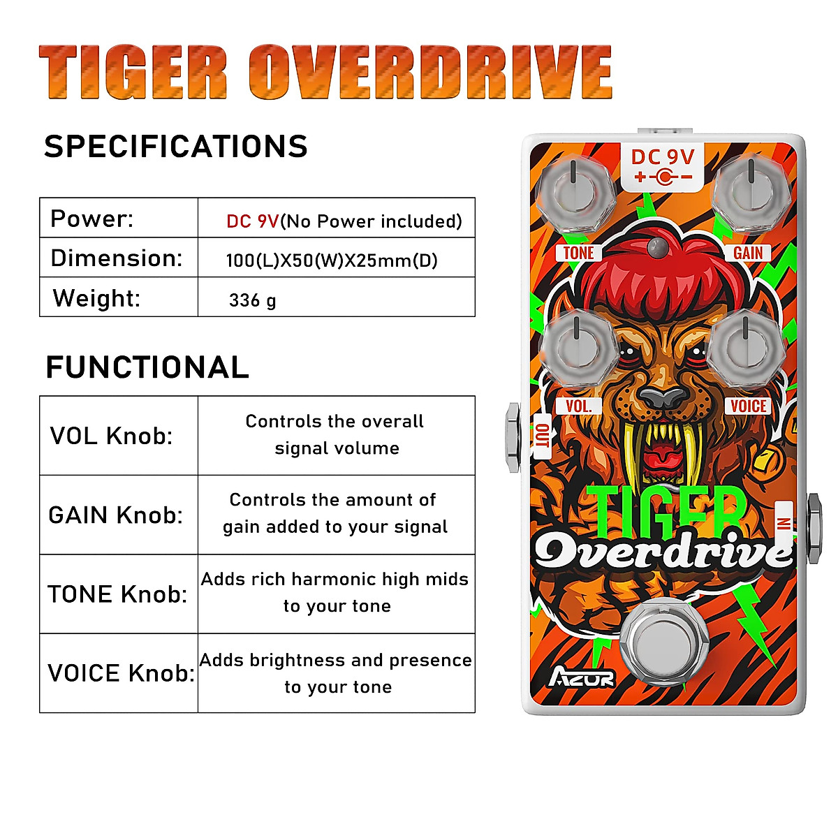 AZOR Overdrive Guitar Pedal, Analog Tiger Drive Effect Pedal for Electric Guitar True Bypass