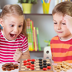 48 Pieces Wooden Checkers 1.06 Inch Wooden Checkers Pieces with Stackable Ridge in Drawstring Storage Pouch Red Black Dark Brown Wood Color (Red, Black, Dark Brown, Natural Color)