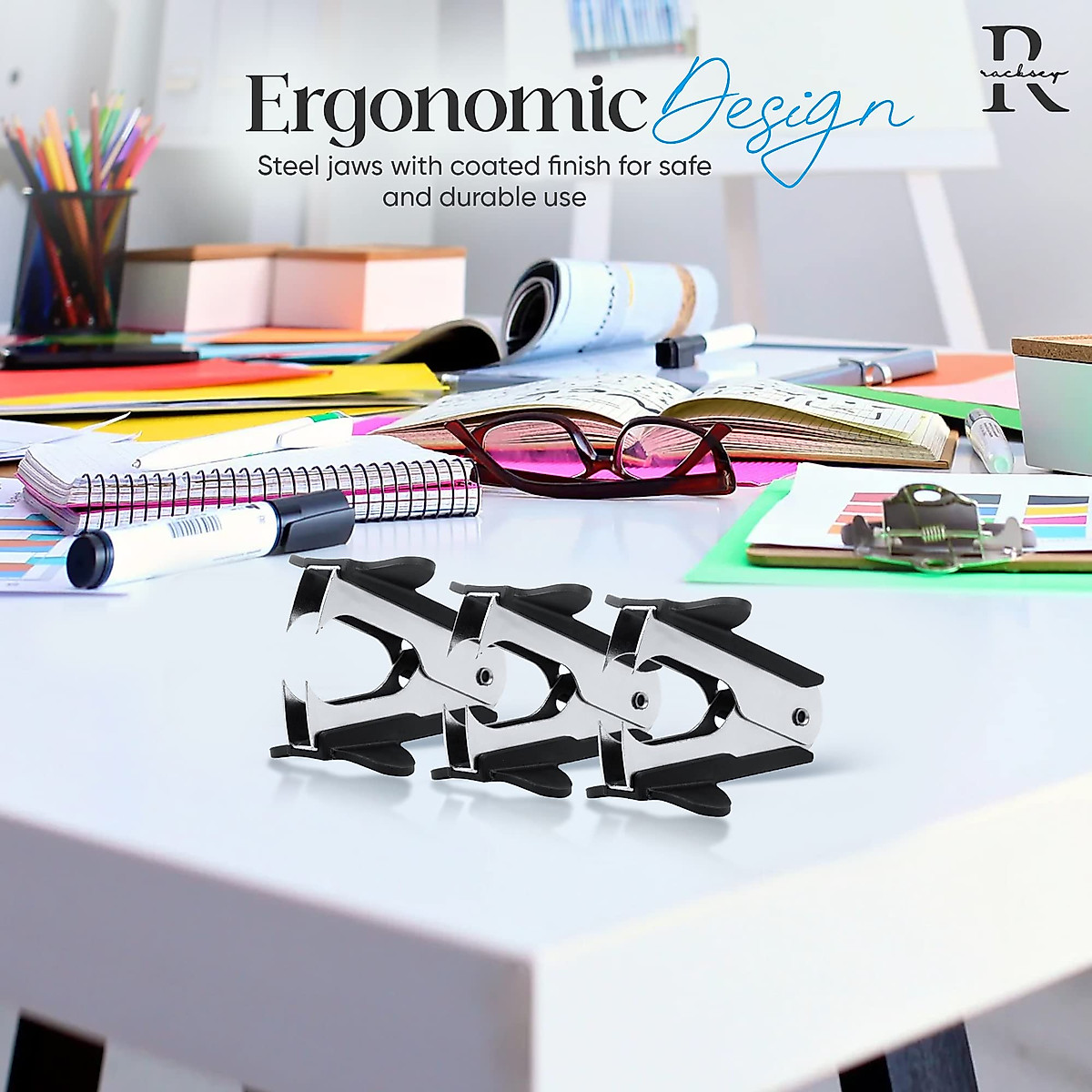 Racksey Professional Staple Remover 3 Pcs Black Staple Puller Pinch Jaw Style Staple Remover Tool with Safety Lock for Office, School and Home