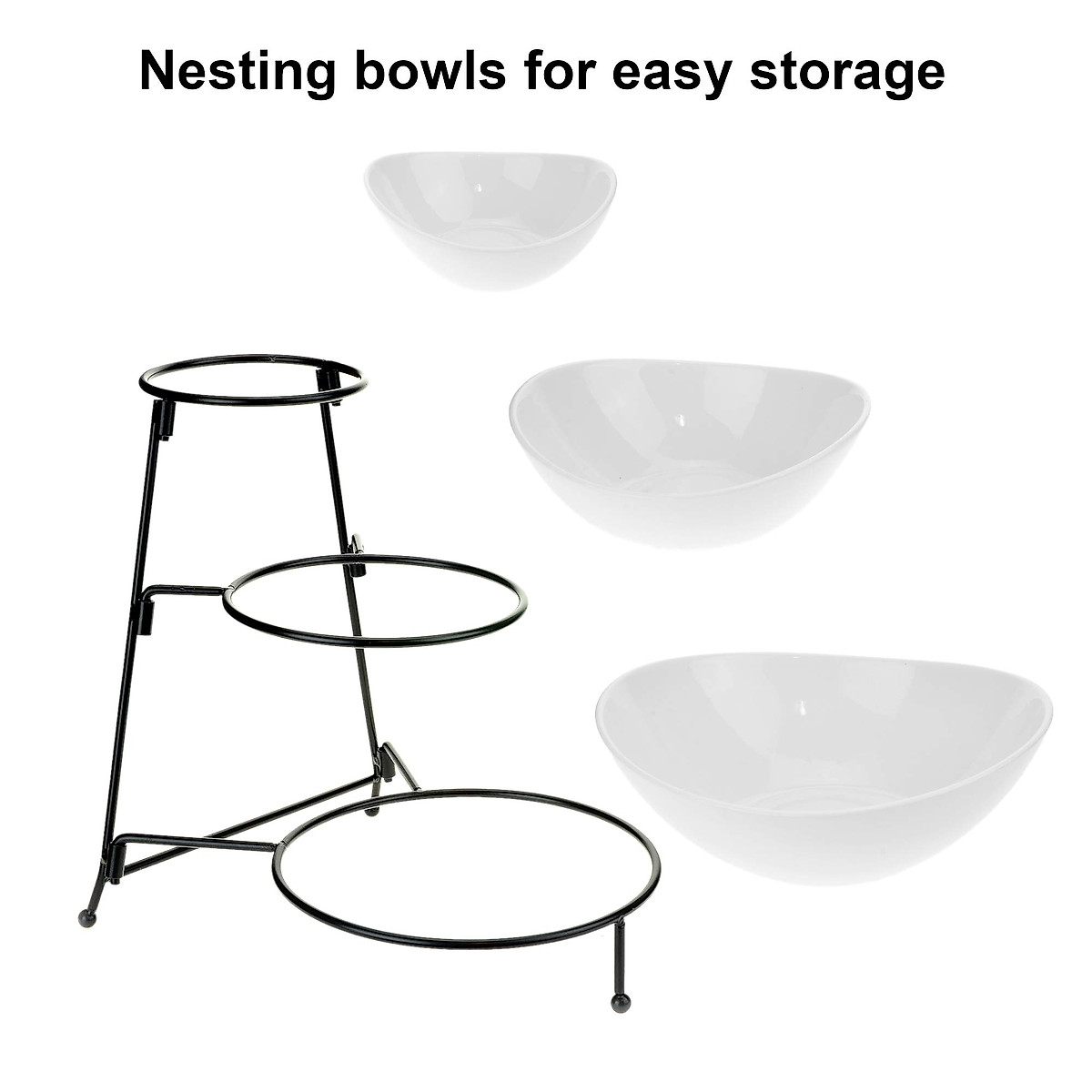 Roe & Moe 3 Tier Serving Stand Ceramic Bowl Set with Metal Rack, Tiered Bowls for Parties Candy Appetizer Dessert Fruit Cake Veggies Chips & Dip