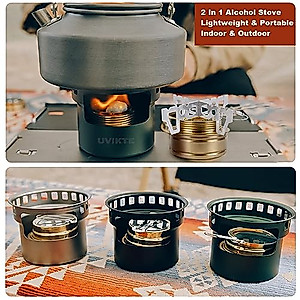 UVIKTE 2 In 1 Mini Alcohols Stove Camping Backpacking Portable Alcohol Spirit Burner With Stainless Steel Cross Stand, Ultralight Tiny Brass Survival Coffee Hiking, Storage Bag,SILVER