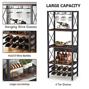 Tribesigns Wine Bakers Rack, 4-Tier Industrial Wine Rack freestanding Floor with Glass Holder and Wine Storage, Wine Bar Cabinet with Storage for Home Kitchen Dining Room, Rustic Brown