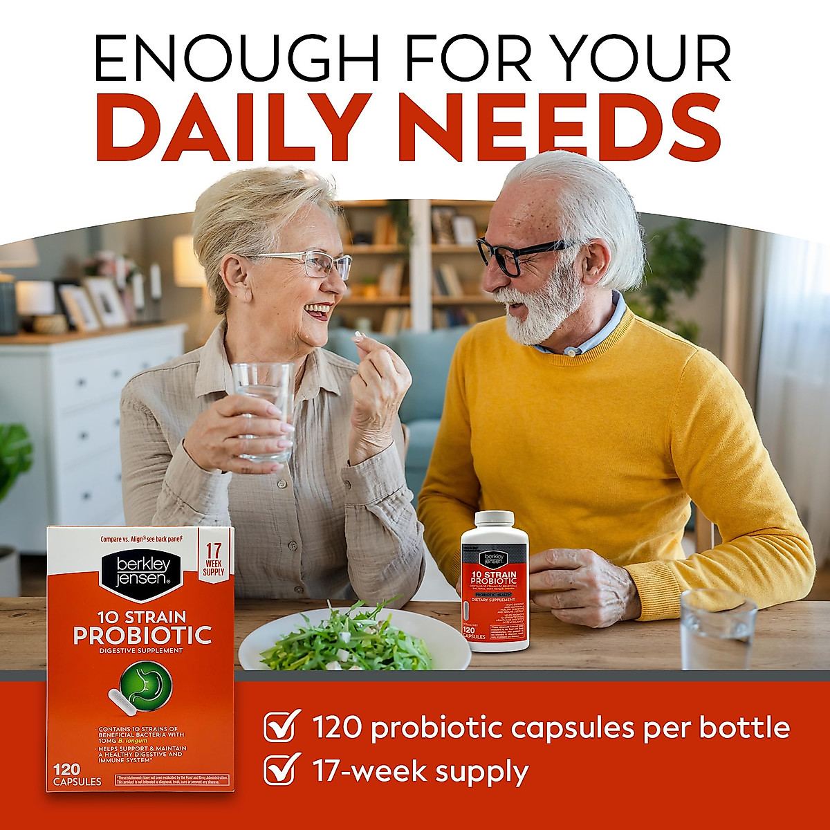 Berkley Jensen Natural 10 Strain Probiotic Supplement Capsules with 10mg B. Longum, Loaded with Live Strains & Beneficial Gut Flora, for Digestive & Immune Health - 17-Week Supply, 120 Ct