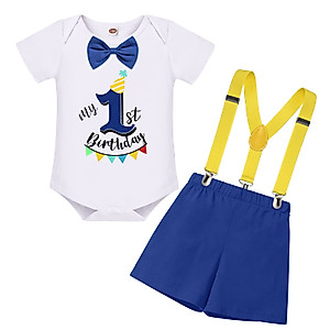 1st First Birthday Outfit Baby Boy Cake Smash One Year Old Party Newborn Toddler Bow Tie Cotton Short Sleeve Romper Shorts Pants Y-back Suspenders 3PCS Clothes Set Photo Shoot Royal Blue 12-18 Months