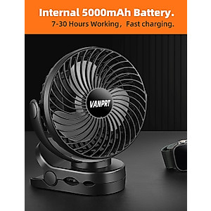 VANPRT 6'' Clip Fan, Portable Clamp Fan with Hanging Hook, 5000mAh Rechargeable Battery Fan, 3 Speeds, 720° Rotation, Quiet, Strong Grip Clamp, 7-30 Working Hours for Camp Stroller Bed - Pink
