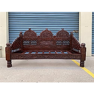 Worldcraft Industries Carved Jhula Day Bed. Twin Size. Handcrafted from Solid Indian Neem Wood (Medium Antique Finish, Day Bed Sofa: 44Dx83Wx40H)