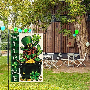 Welcome Spring St. Patrick's Day Garden Flag 12x18 Double Sided, Burlap Small Check Plaid Leprechauns Yard Flag Banner Irish Lucky Shamrock Clover Shoes Sign for Outside Outdoor Decor (ONLY FLAG)