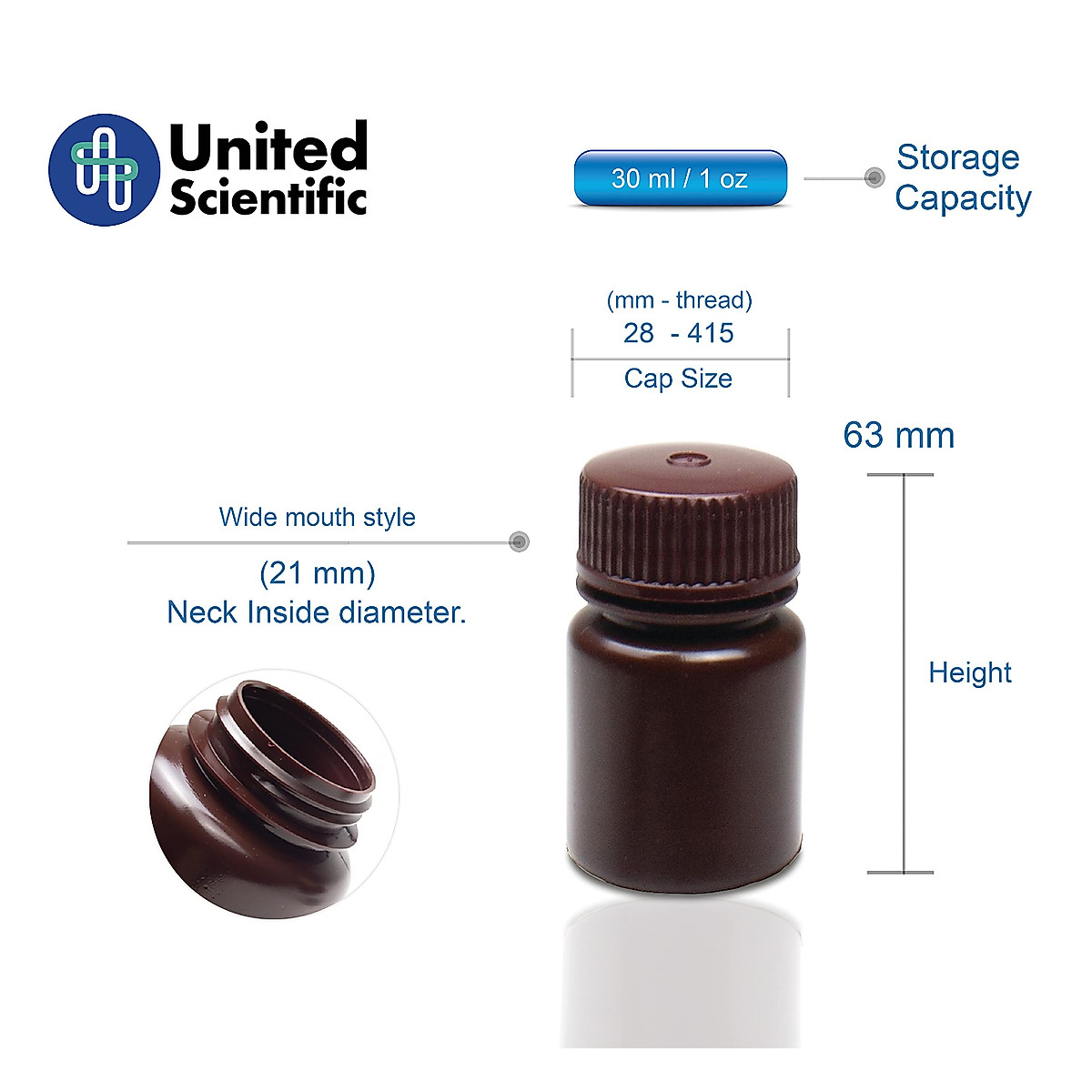 United Scientific Supplies 33461 | Laboratory Grade HDPE Wide Mouth Amber Reagent Bottle | Designed for Laboratories, Classrooms, or Storage at Home | 30mL (1oz) Capacity | Pack of 72