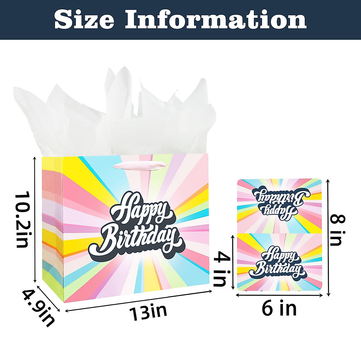 13" Large Happy Birthday Gift Bag with Handles, Tissue Paper and Card (Colorful Rainbow)