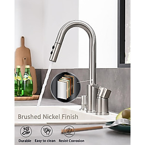 3 Hole Kitchen Faucet, Single Handle Stainless Steel Kitchen Faucets with Pull Down Sprayer, 2 Hole Widespread Kitchen Sink Faucet with Soap Dispenser, Brushed Nickel KMF025L