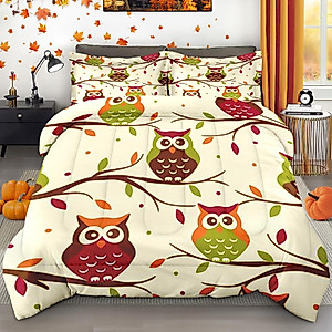 Pamnest Comforter Set Queen Size, Autumn Cute Owls Soft 3 Pcs Bedding Set for Kids and Adults, Ivory Fall Thanksgiving Comforter Set with 2 Pillowcases, for Bedroom Bed Decor