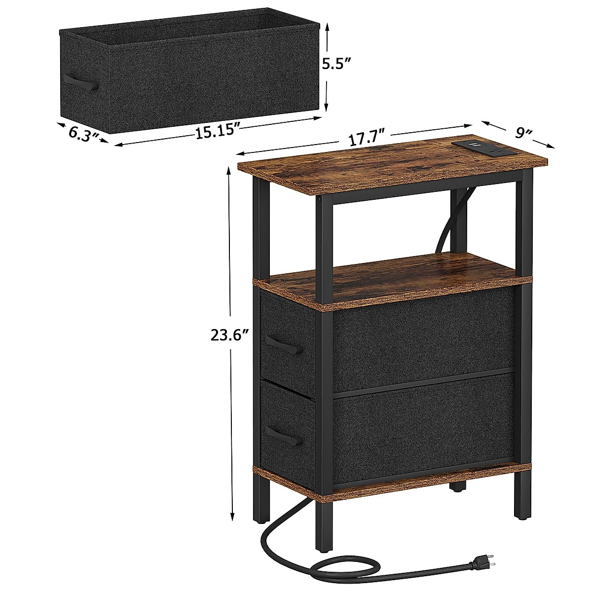 VIMBER Narrow Side Table for Small Spaces, Skinny End Table with Charging Station, Sofa Beside Table with 2 Drawers 1 Open Compartment, Slim Nightstand with USB Ports Outlet, Rustic and Brown UTBT004F