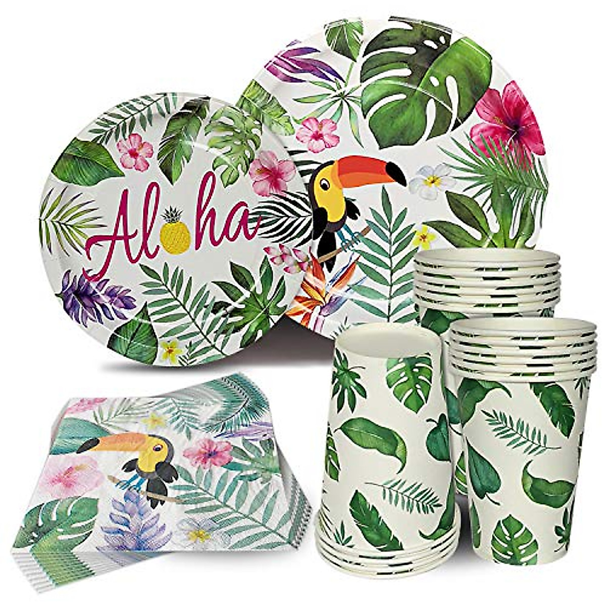 HIPEEWO Hawaiian Aloha Party Decorations - Luau Tropical Party Supplies, Including Plates, Napkins, Hawaiian Theme Cups for Tiki Summer Pool and Tropical Birthday Party Serves 16 Guests 64 PCS