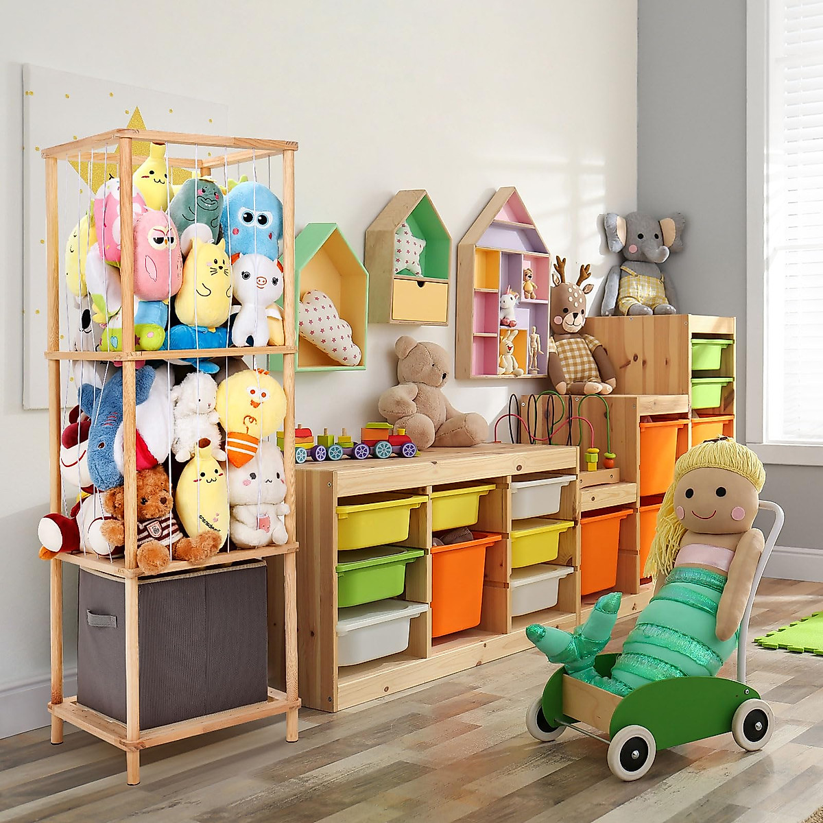 ACEPRUT Wood Stuffed Animal Storage Holder with Storage Basket, Space Save Three Tier Vertical Large Stuffed Animal Zoo Organizer for Playroom Bedroom, Toy Storage Birthday Gifts for Kids