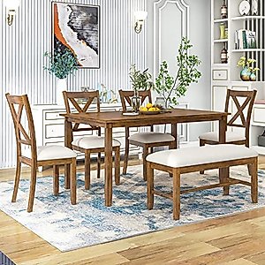 XD Designs Wooden Rectangular Dining Table Set, 6-Piece Kitchen Dining Table Set with 4 Upholstered Chairs and 1 Bench (Brown-6pcs)