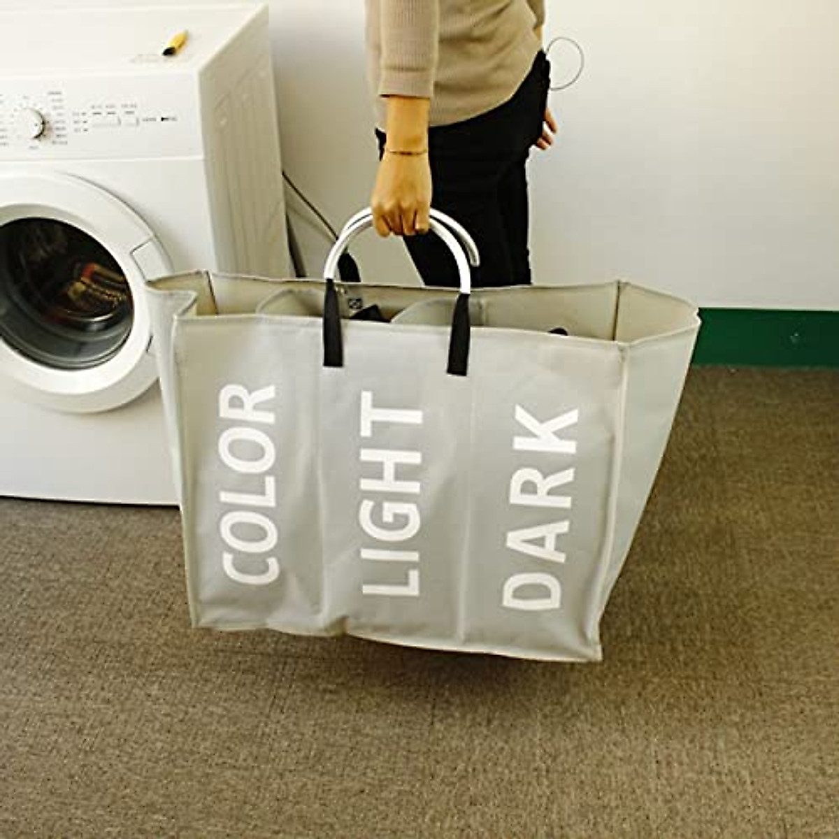 Meideli Laundry Basket 3 Section with Handles Foldable Dirty Clothes Hamper for The Bedroom Living Room Laundry Room Dark Gray