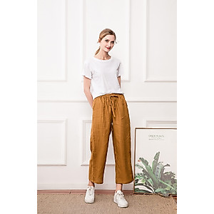 LaovanIn Women's Wide Leg Palazzo Pants Linen Drawstring Cropped Pants Trousers Culottes Coffee Medium